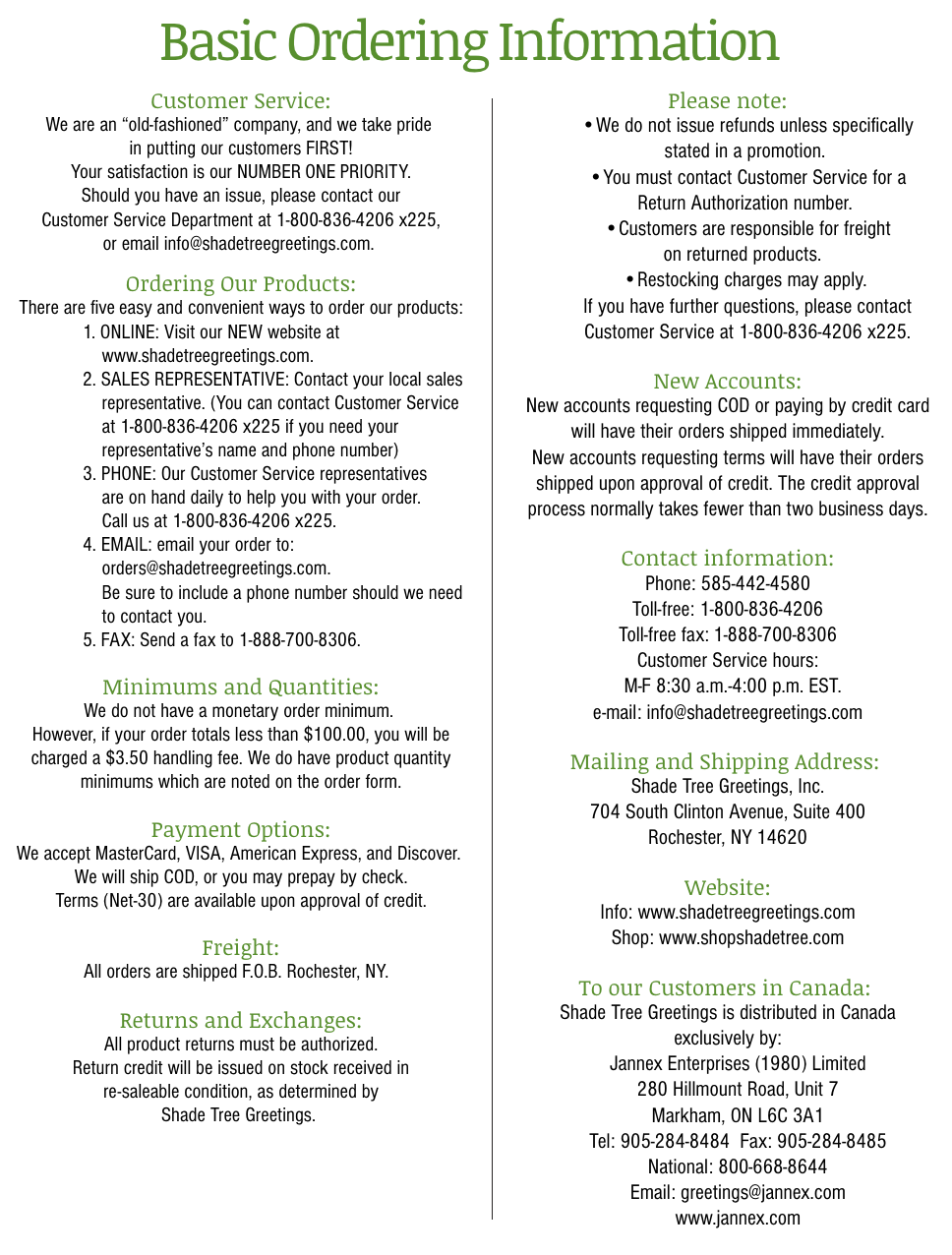 Basic Ordering Information – Shade Tree Greetings
